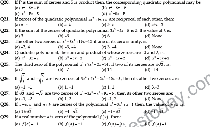 CBSE Class 10 Mathematics Polynomials MCQs, Multiple Choice Questions CBSE Class 10 Mathematics Polynomials MCQs, Multiple Choice Questions